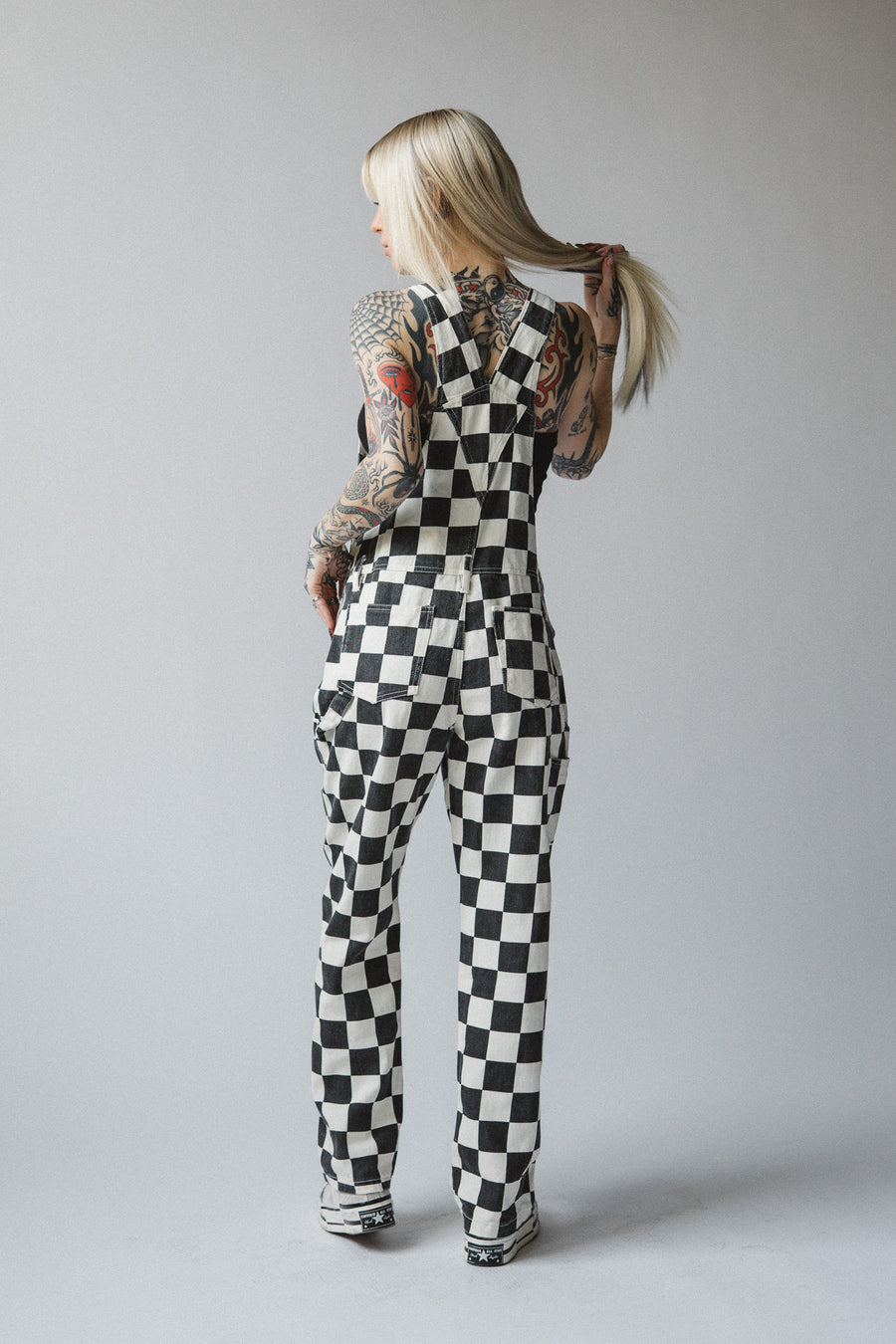 Black and White Checkered Washed Overalls | Hell Babes
