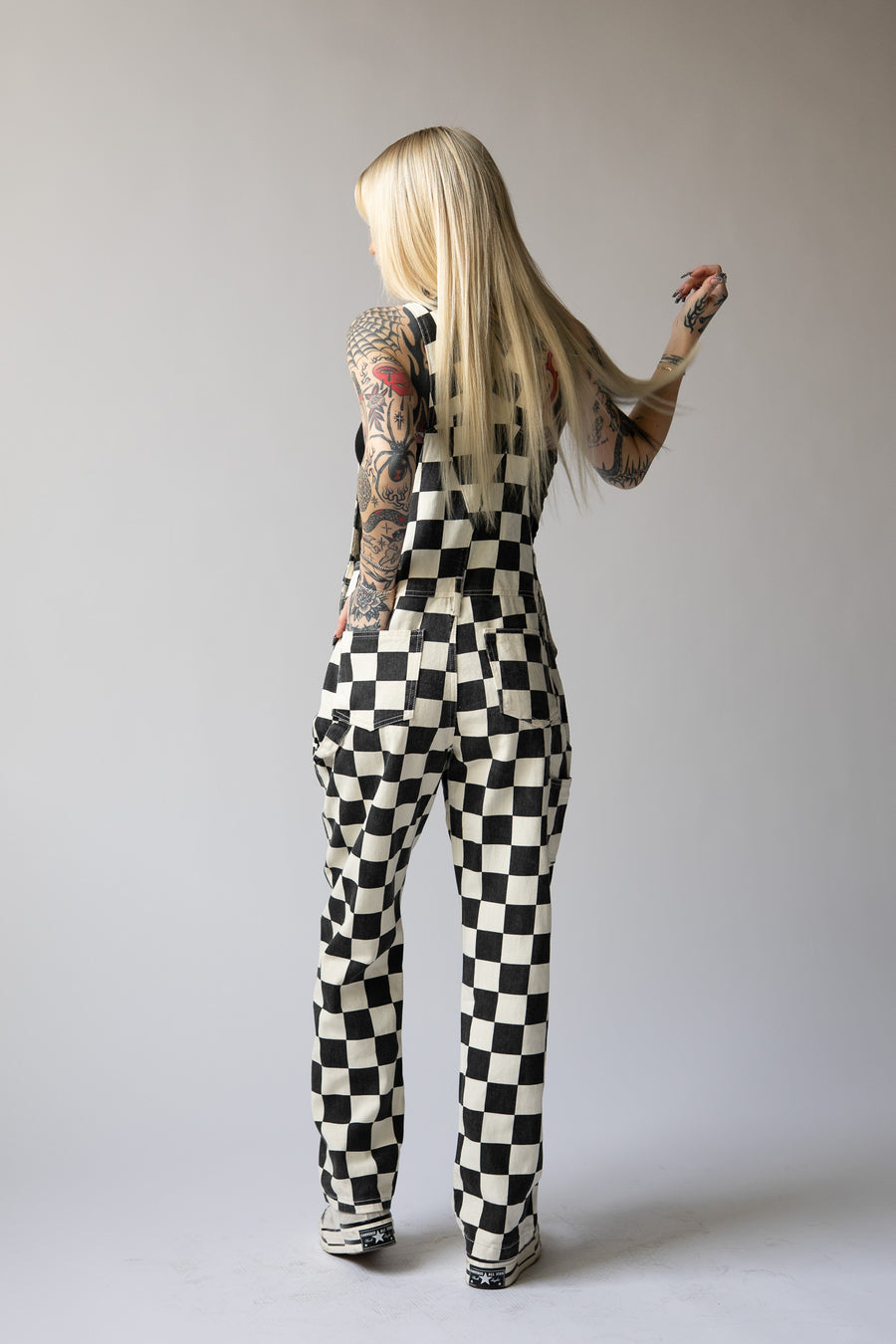 Black and White Checkered Washed Overalls | Hell Babes