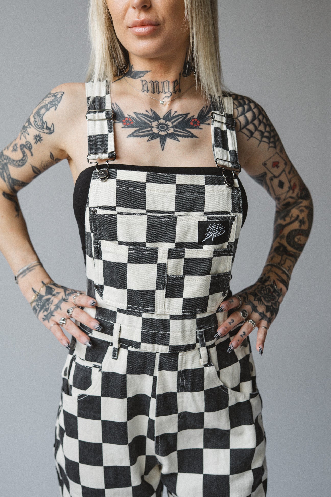 Black and White Checkered Washed Overalls | Hell Babes