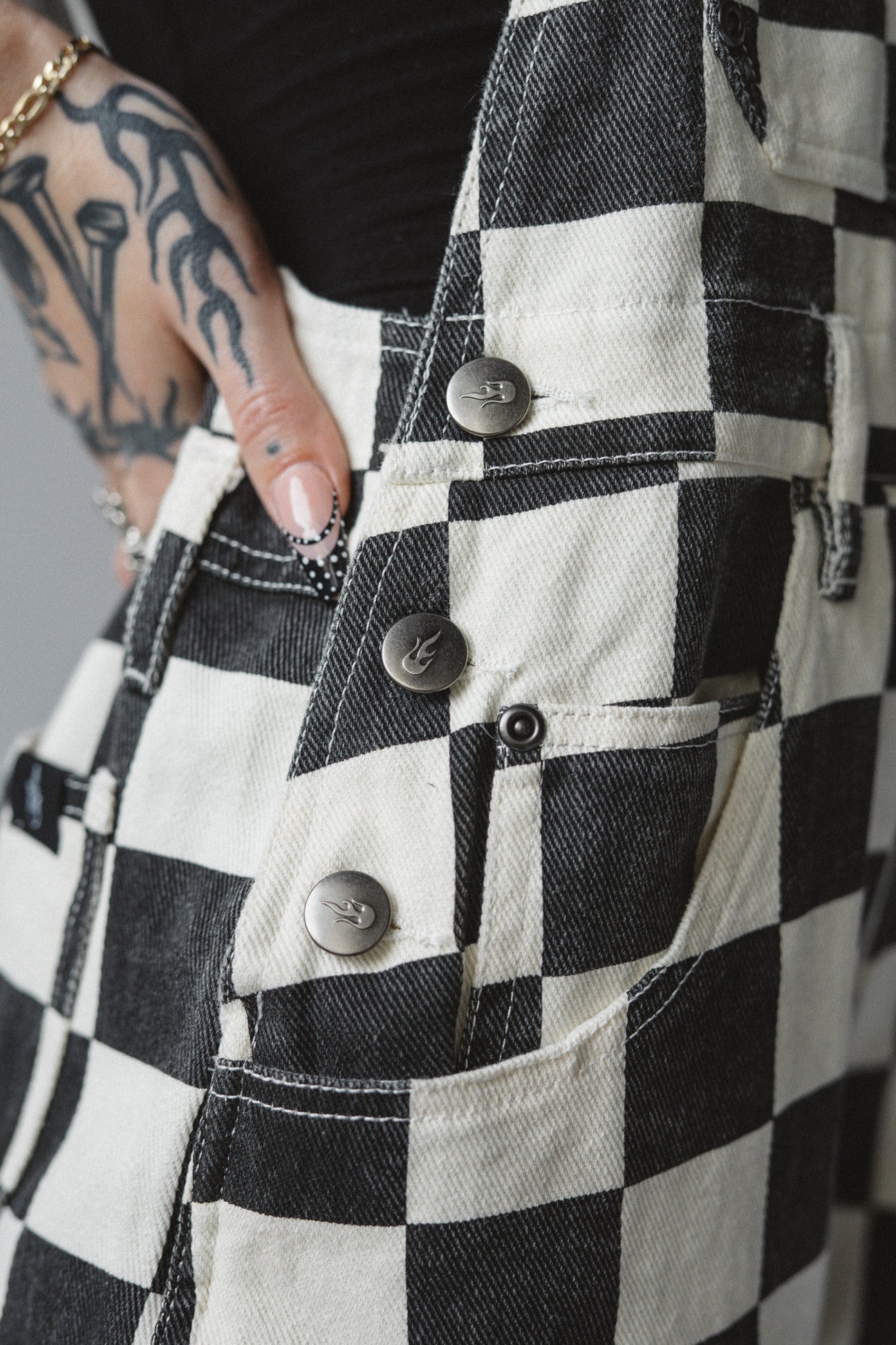 Black and White Checkered Washed Overalls | Hell Babes