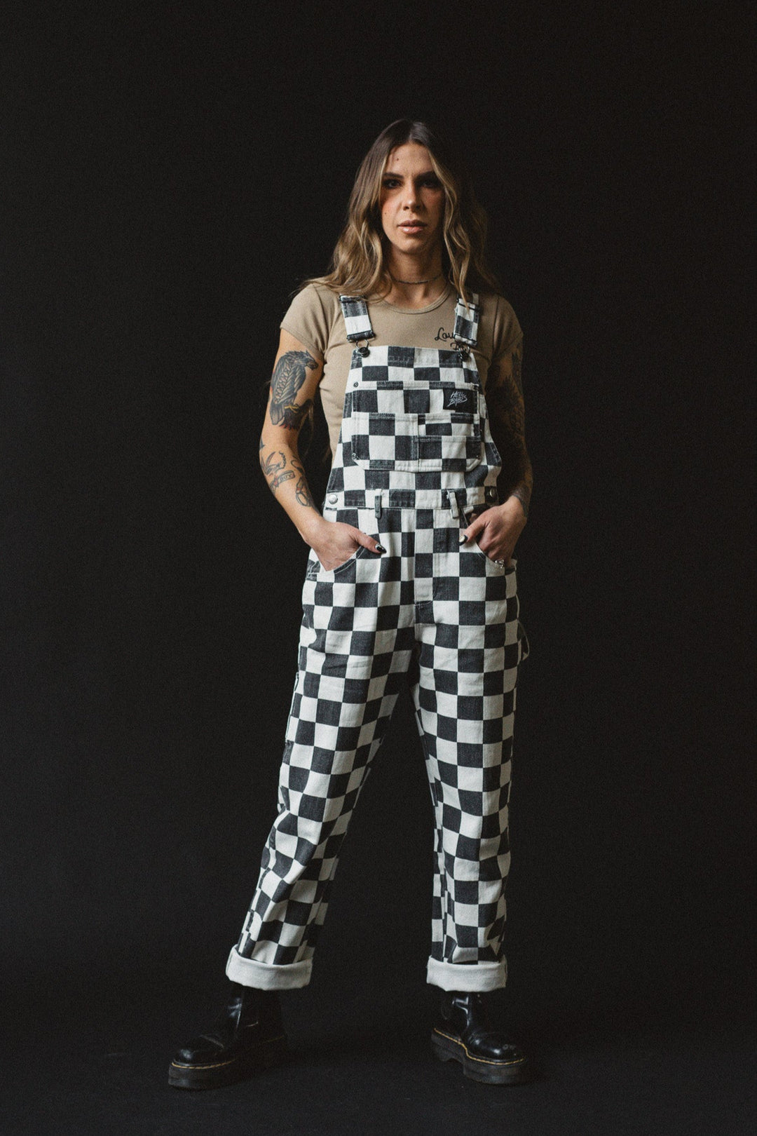 Black and White Checkered Washed Overalls | Hell Babes